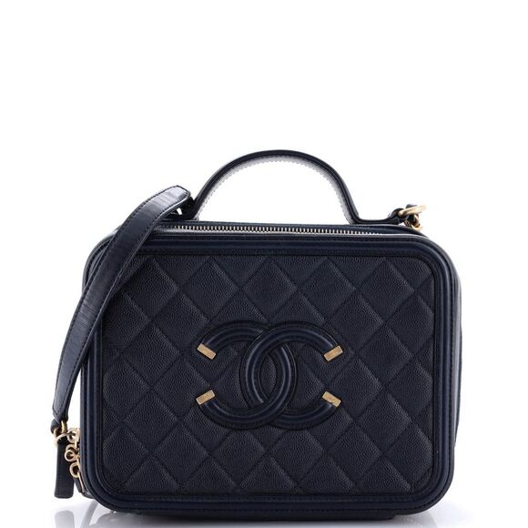 CHANEL | Bags | Chanel Filigree Vanity Case Quilted Caviar Medium Blue ...
